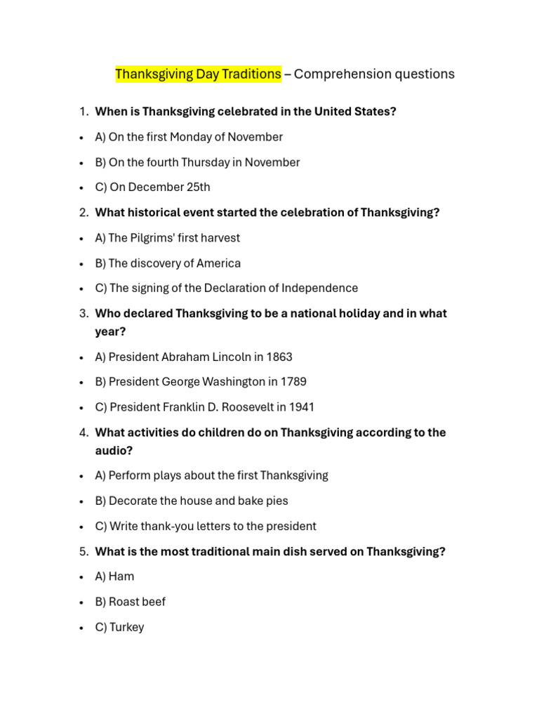 Thanksgiving Traditions Quiz Questions | PDF