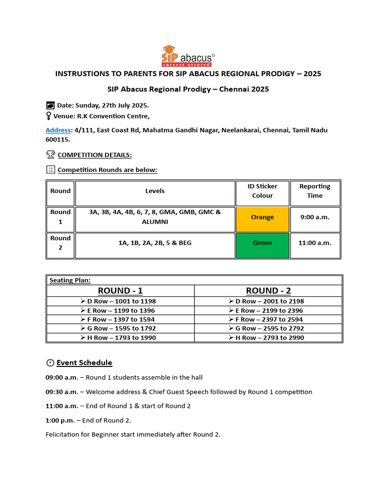 ? SIP Abacus Regional Prodigy - Chennai-parent Letter--PDF | PDF | Clothing