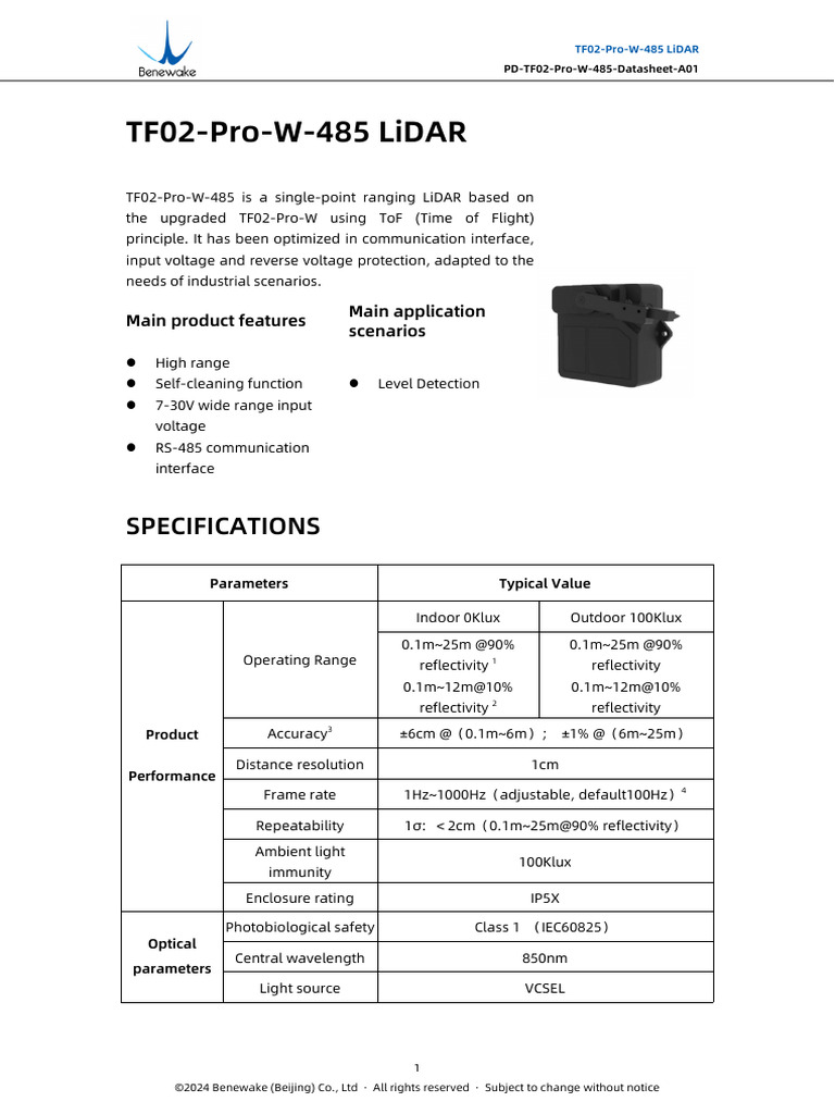 TF02 Pro W 485 Datasheet | PDF | Lidar | Electrical Engineering