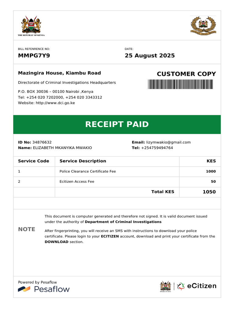 Police Clearance Certificate Receipt | PDF