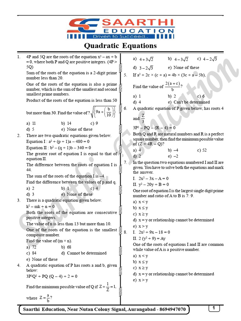 Quadratic Equations (Questions) | PDF | Prime Number | Numbers