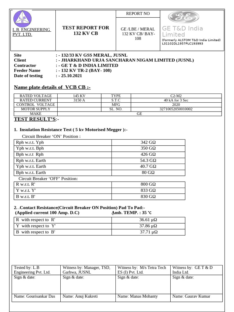 132 KV Circuit Breaker Test Report | PDF | Electric Power Distribution ...