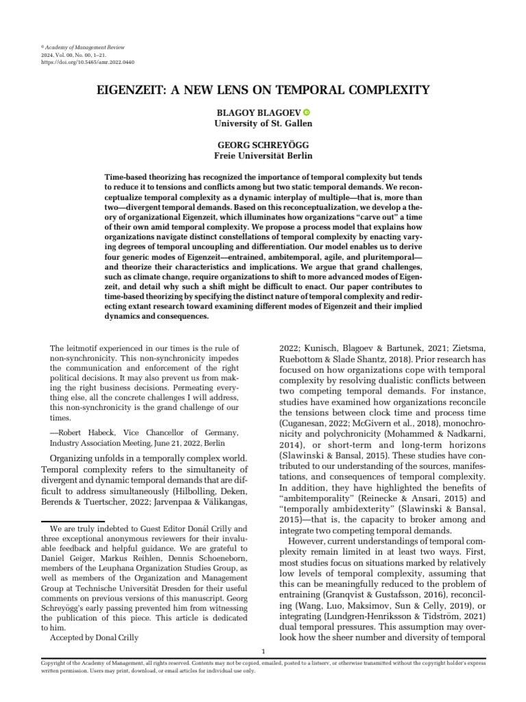 Blagoev Schreyögg 2024 Eigenzeit a New Lens on Temporal Complexity | PDF | Complexity | Time