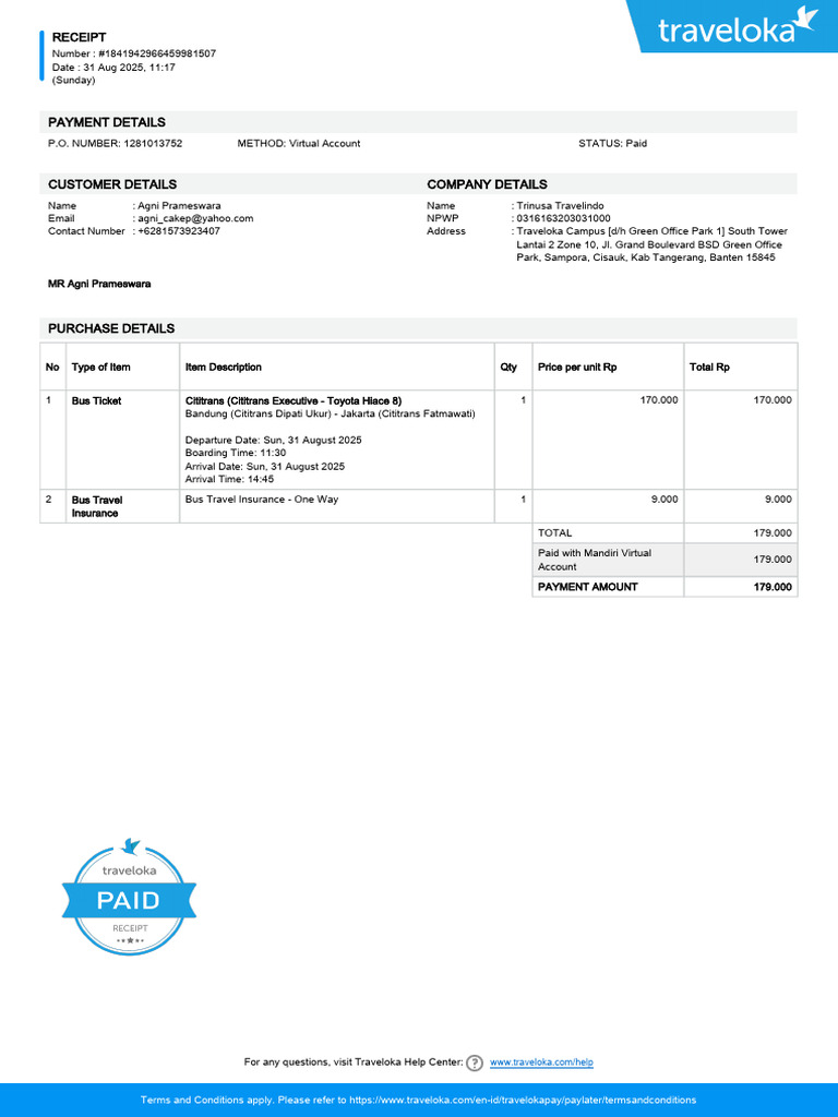 Traveloka Bus Ticket Receipt #1841942966459981507 | PDF | Business ...