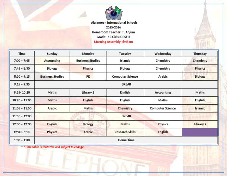 Grade 10 IGCSE II Timetable 2025-2026 | PDF