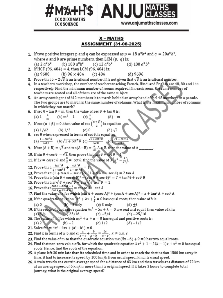 X Maths Assignment 31 08 2025 Pdf Triangle Elementary Geometry 1312