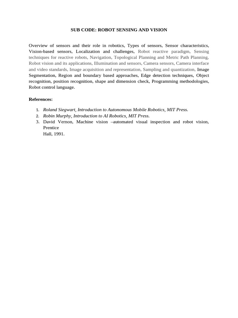 Paragraph Syllabus-Robot Sensing and Vision | PDF