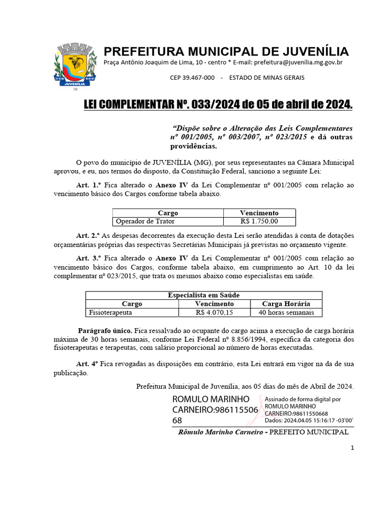 LEI COMPLEMENTAR Nº 033-2024 - Dispõe sobre a alteração de Leis ...