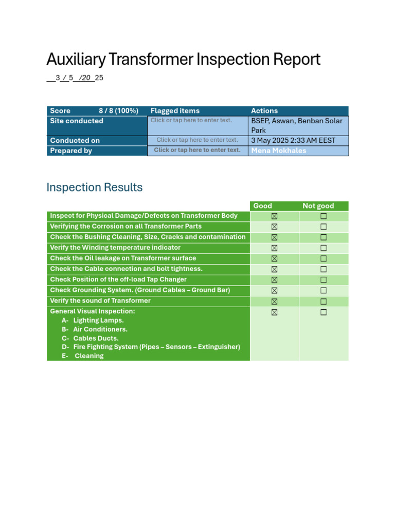 Auxiliary Transformer Inspection Report Inf50 | PDF