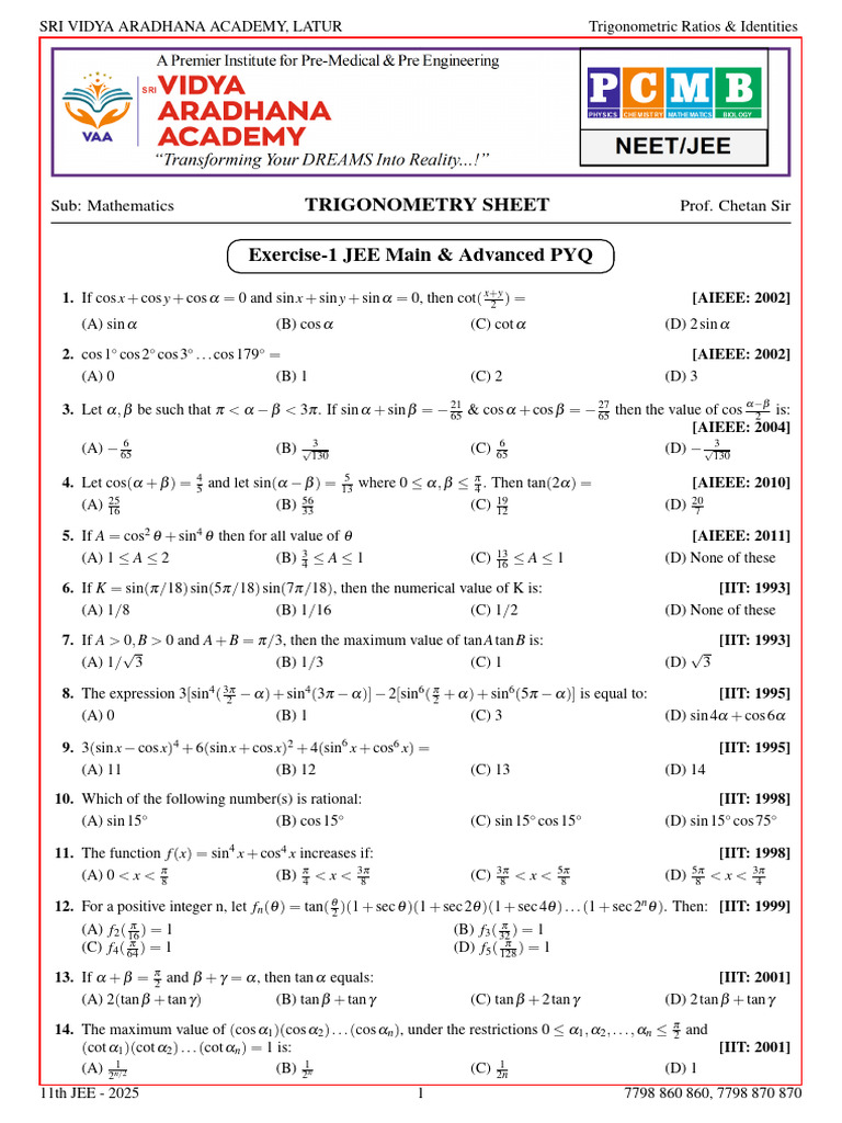 Trigonometric Ratios Identities Sheet 11th JEE Math by IISERite PDF ...