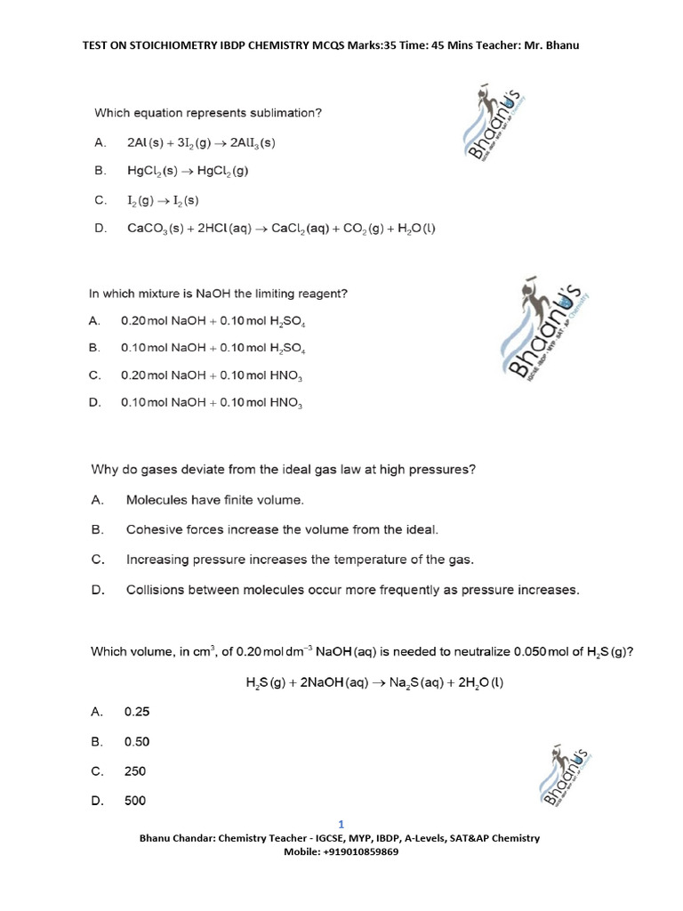 Stoichiometry Test Paper-01 MCQ Ibdp Chemistry | PDF | Chess Theory | Chess