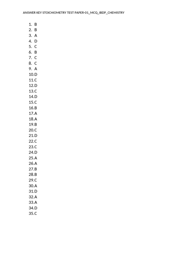 Answer Key Stoichiometry Test Paper-01 MCQ Ibdp Chemistry | PDF