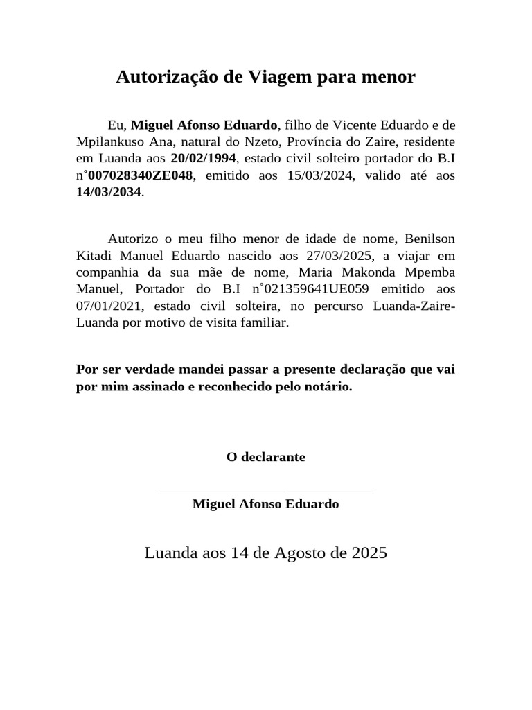 Autorização de Viagem para Menor | PDF