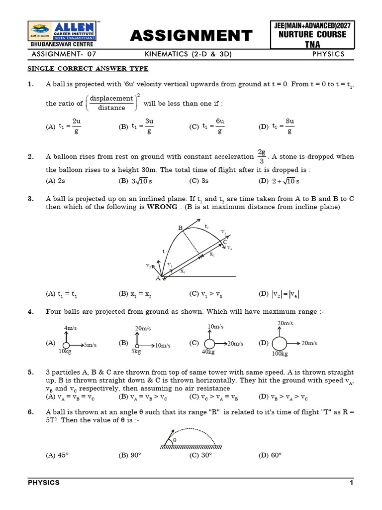 Assign # 07 (Kinematics - 2-d & 3d) - Phy - Nurture - SC | PDF | Acceleration | Velocity