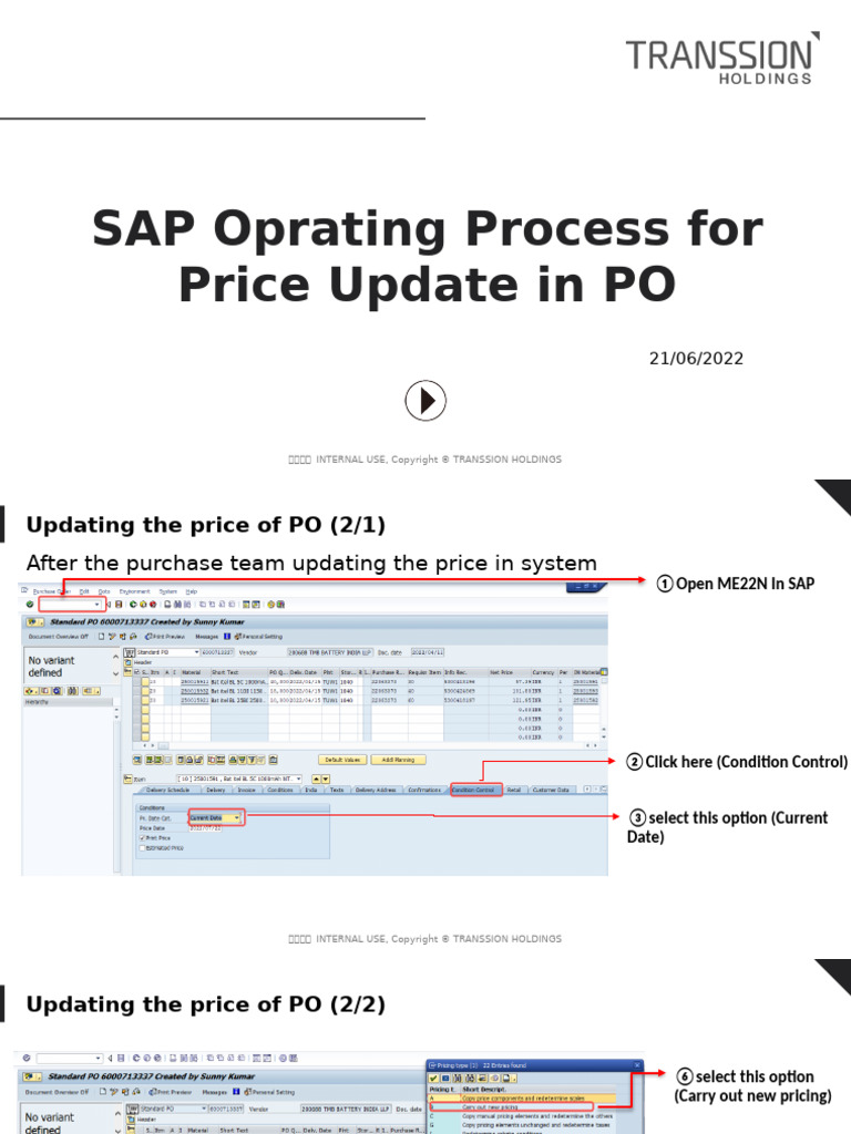 SAP Operating Process_update the Price of Pending PO | PDF