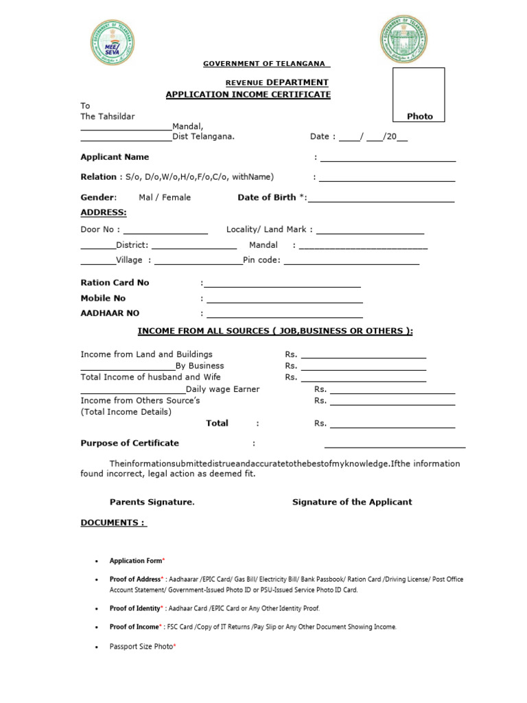 Telangana Income Certificate Application | PDF