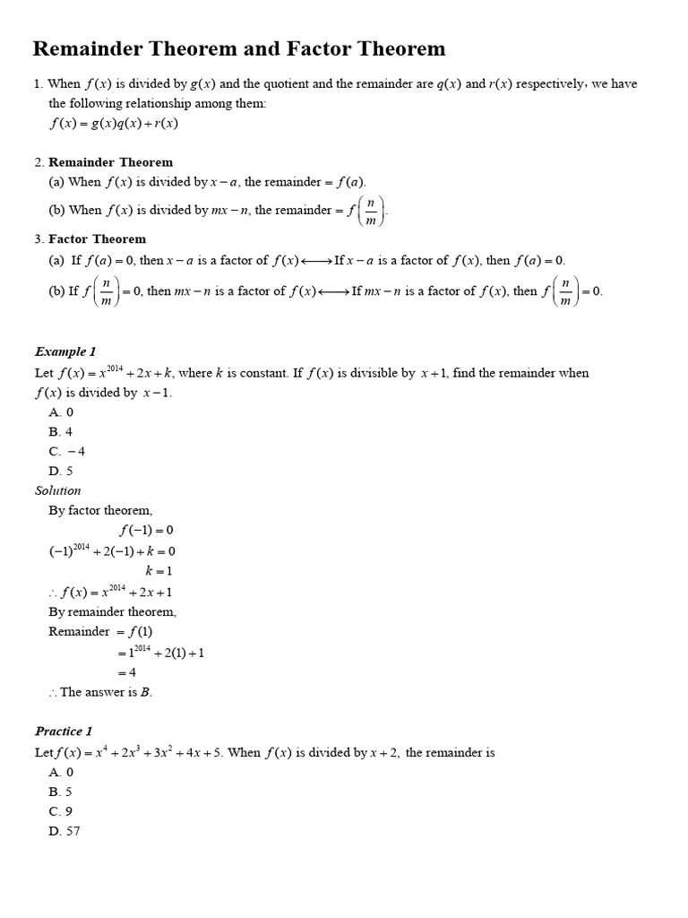 Remainder THM | PDF | Polynomial | Equations