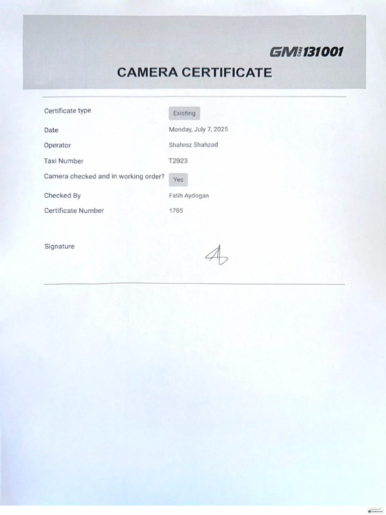 t2923 Camera Certificate | PDF