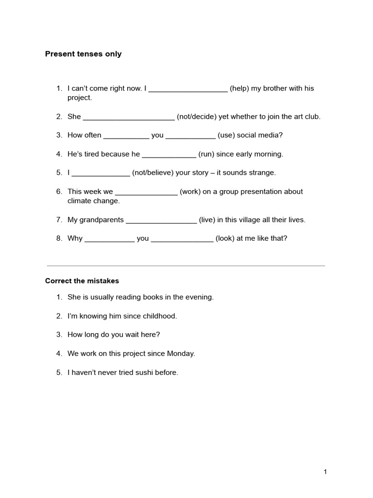 Present Tenses Only (4) - Fill In, Choose, Translate | PDF
