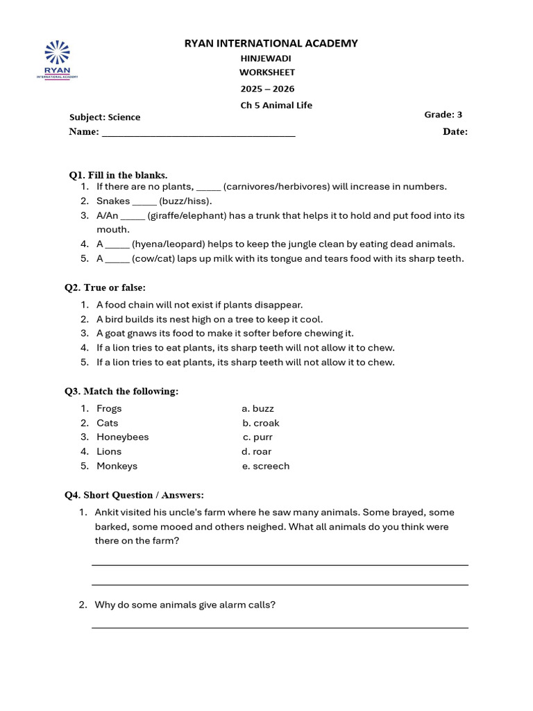 Class 3 Animal Life Worksheet | PDF