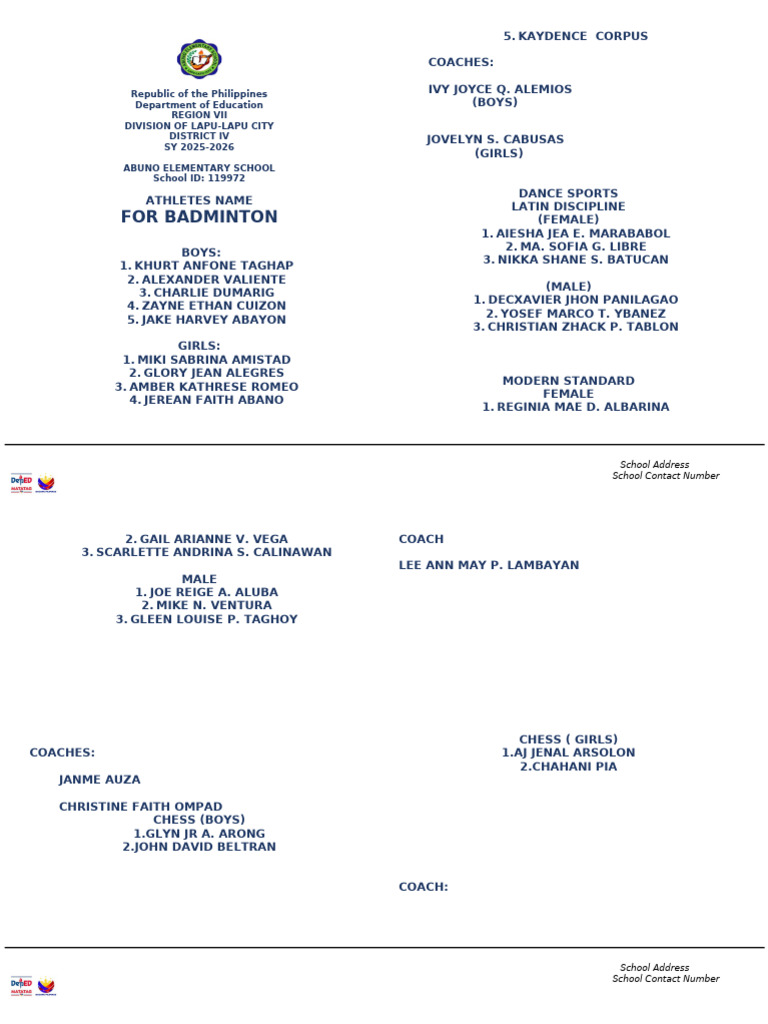 Abuno Elementary School Athletes List | PDF