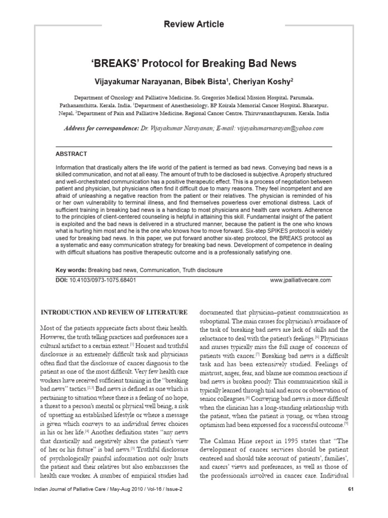 BREAKS Protocol for Delivering Bad News | PDF | Empathy | Palliative Care