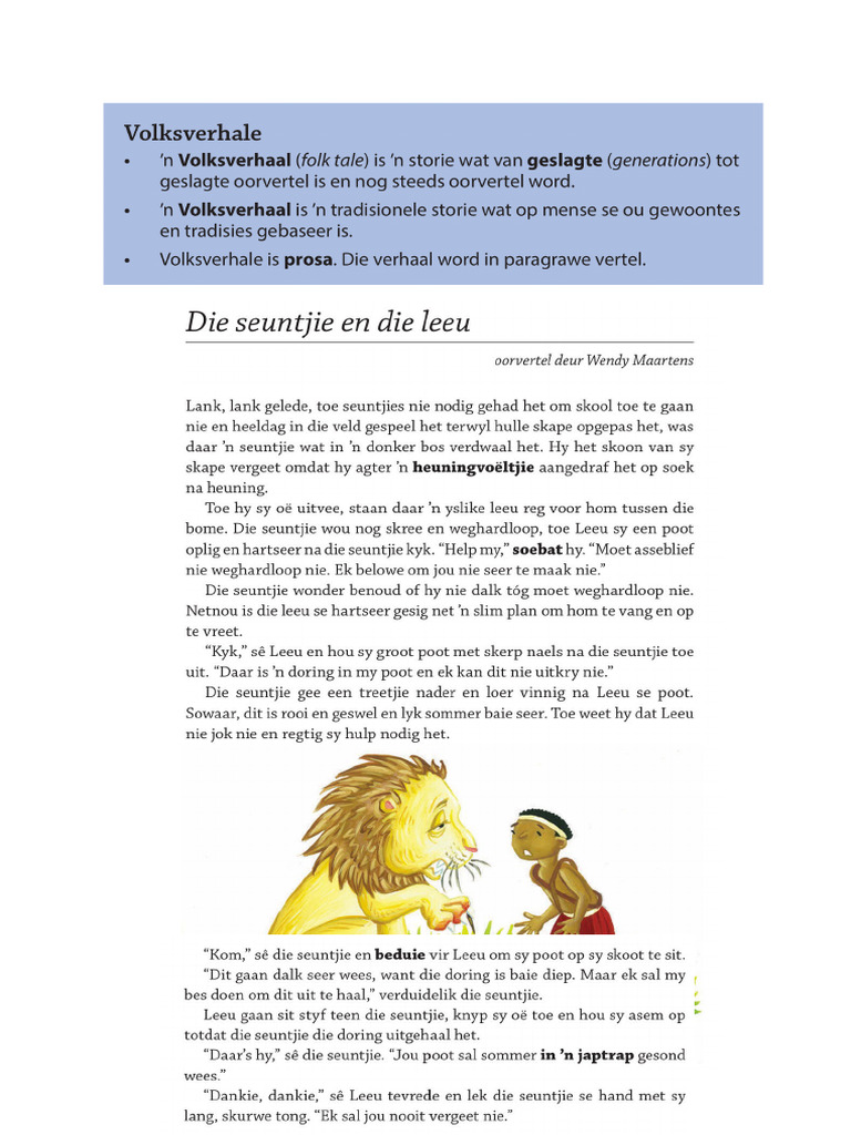 Volksverhaal Die Seunetjie en Die Leeu Graad 7 Kwartaal 3 | PDF