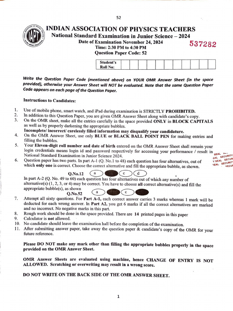 IAPT Junior Science Exam Paper 2024 | PDF | Mass | Physics