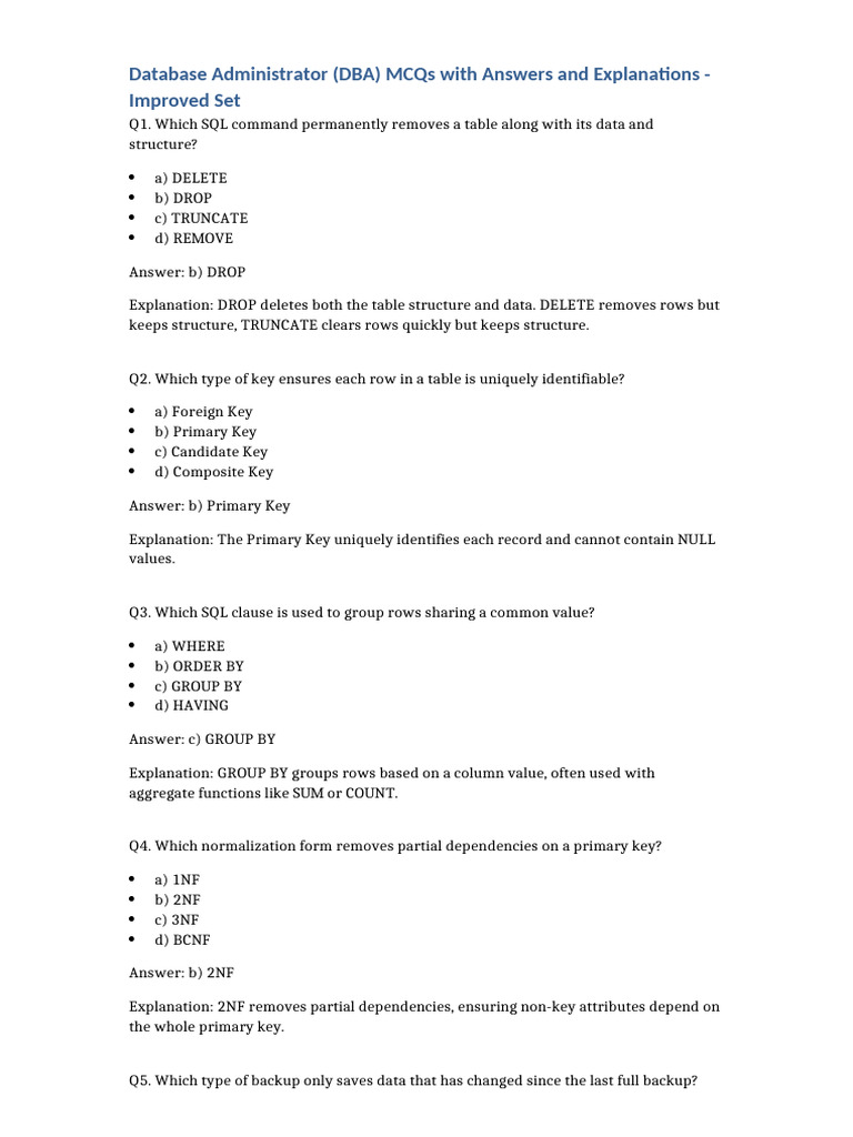 DBA MCQs 500 With Explanations | PDF | Backup | Table (Database)