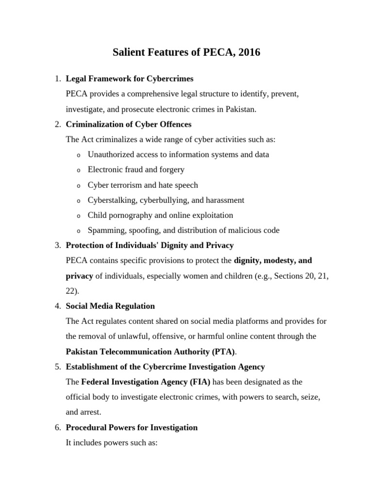 Sailent Features of The PECA, Act - Video 5 | PDF | Cybercrime | Crimes