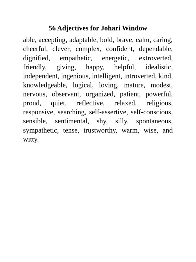 56 Adjectives For Johari Window | PDF