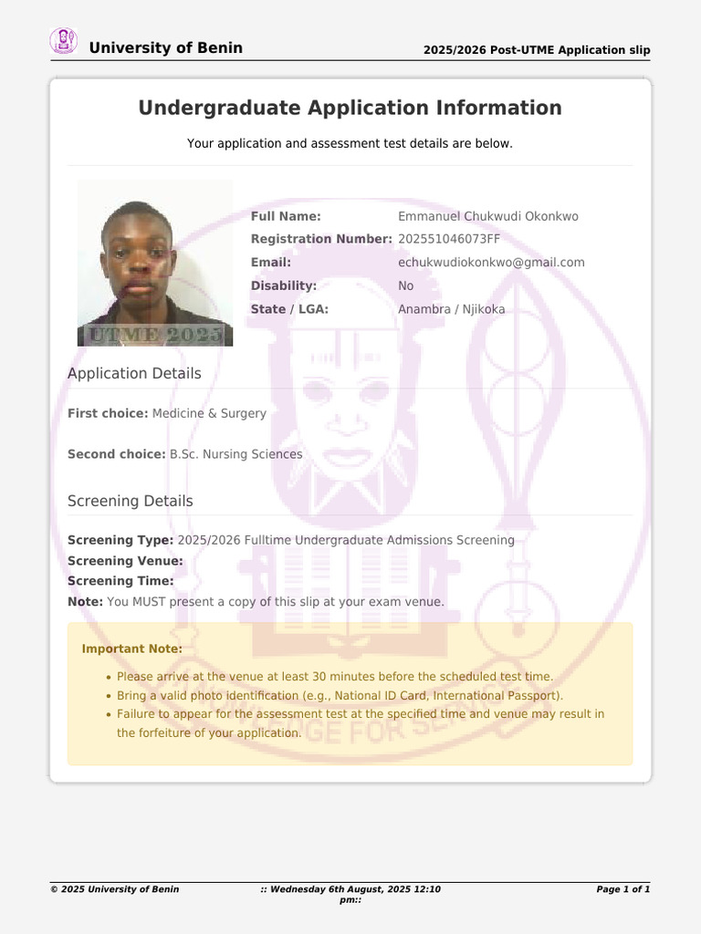 2025 - 2026 Post-UTME Application Slip EMMA | PDF