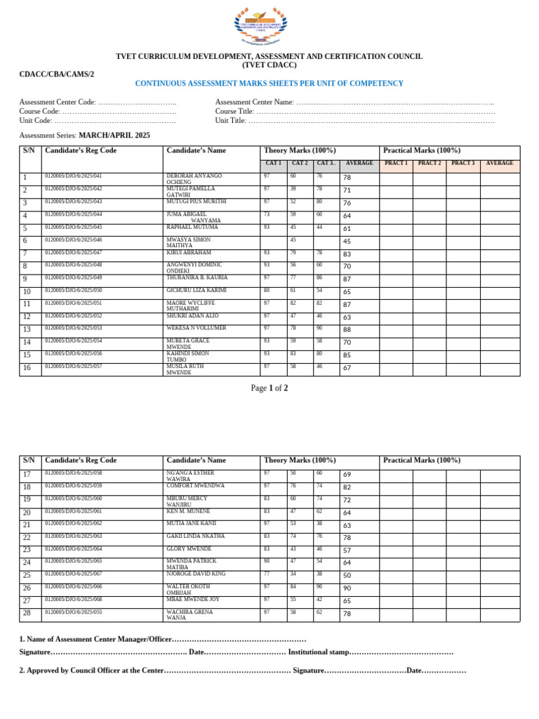 TVET Continuous Assessment Marks Sheet | PDF