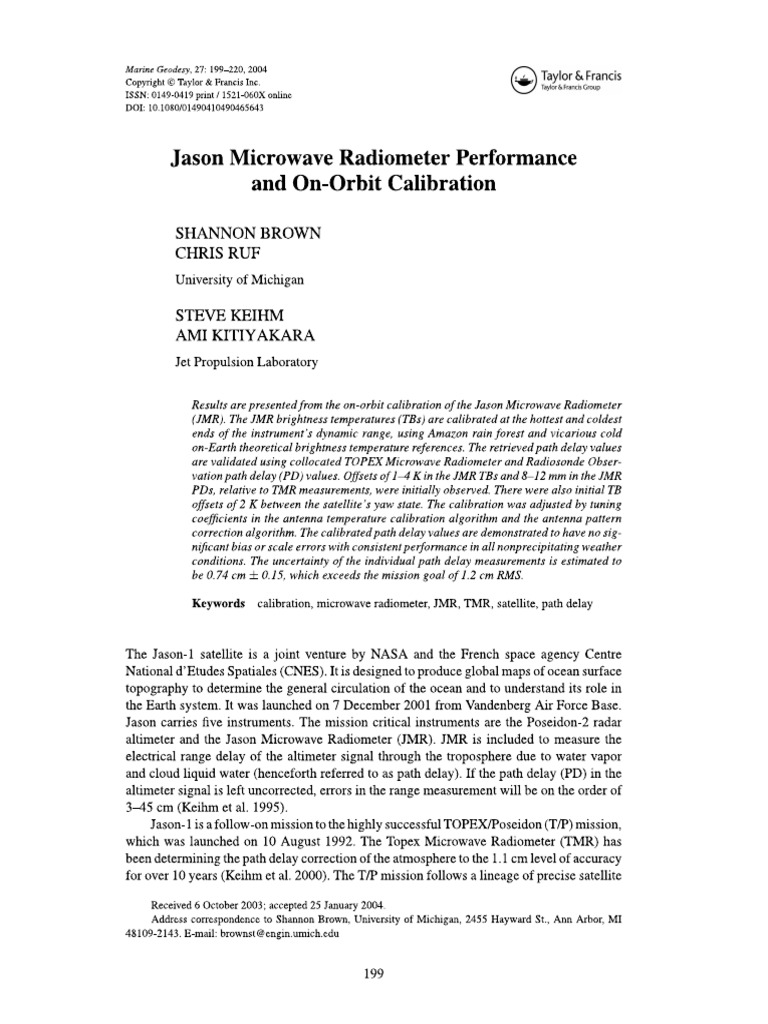 Jason Microwave Radiometer Performance and On-Orbit Calibration | PDF
