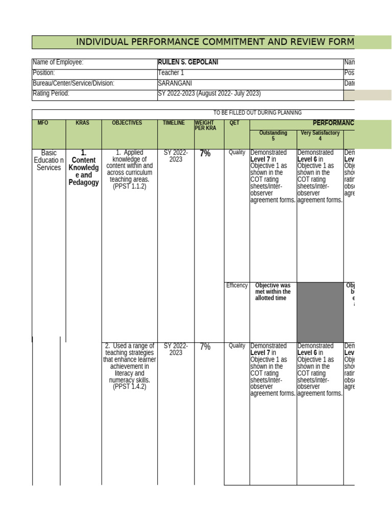 IPCRF Template SY 2022-2023 Download | PDF | Educational Assessment ...
