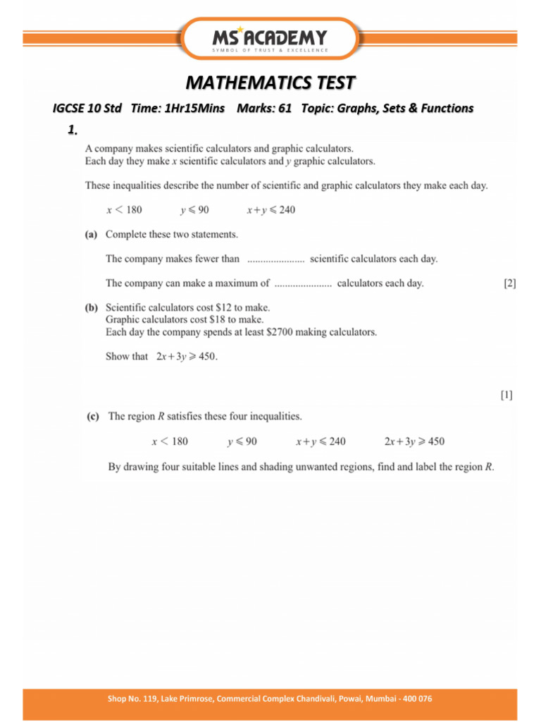 IGCSE 10 Graphs, Sets and Functions Test | PDF