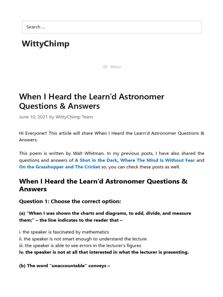 When I Heard The Learn'd Astronomer Questions & Answers - WittyChimp ...