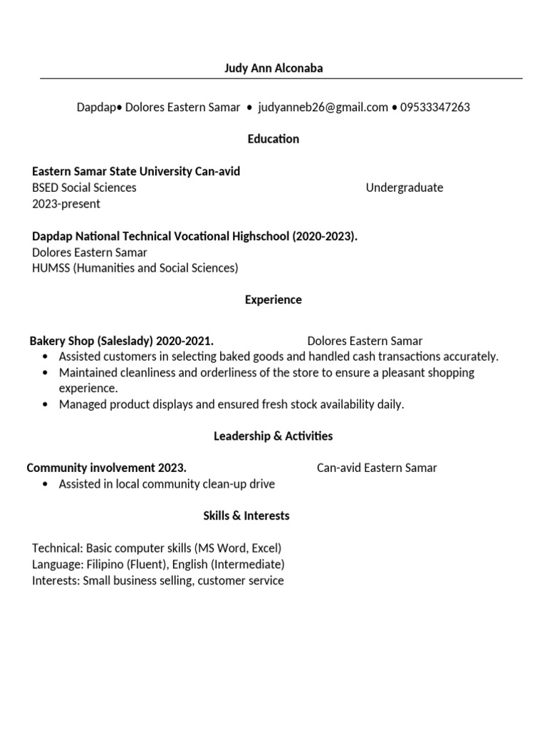 Judy Ann Alconaba's Resume Summary | PDF