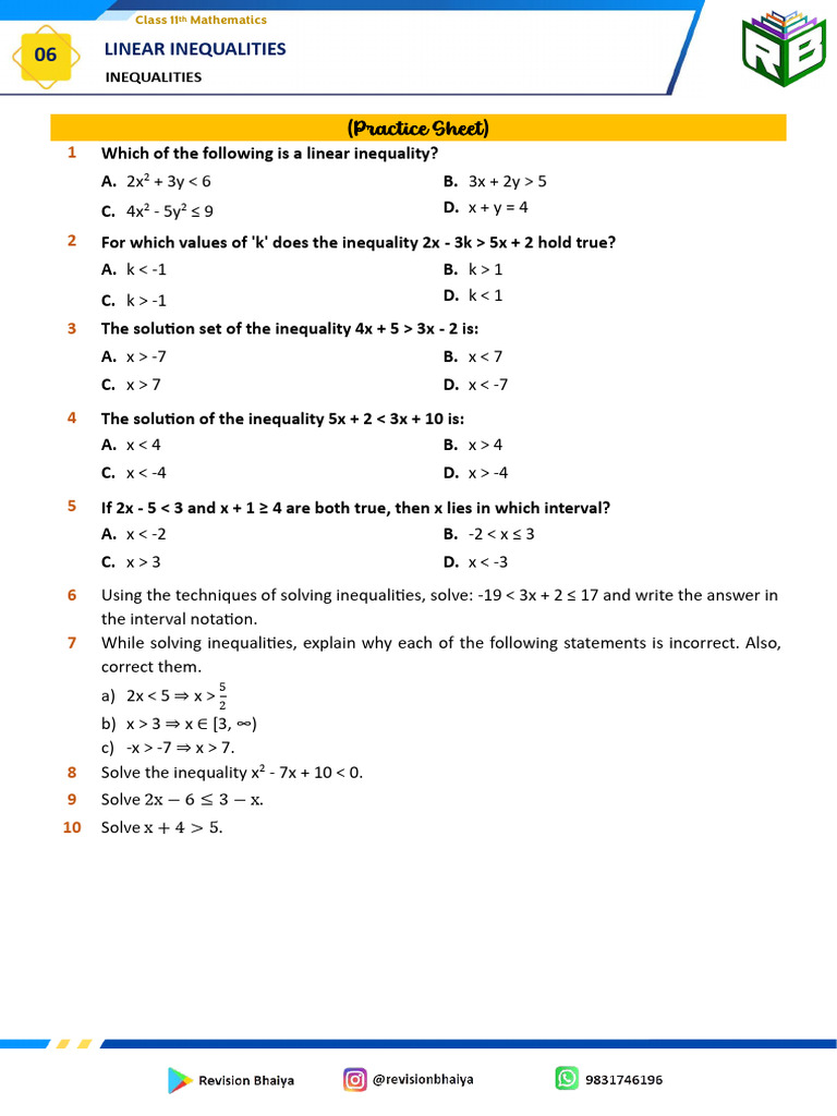 LinearInequalities PracticeSheet | PDF | Inequality (Mathematics) | Mathematical Objects