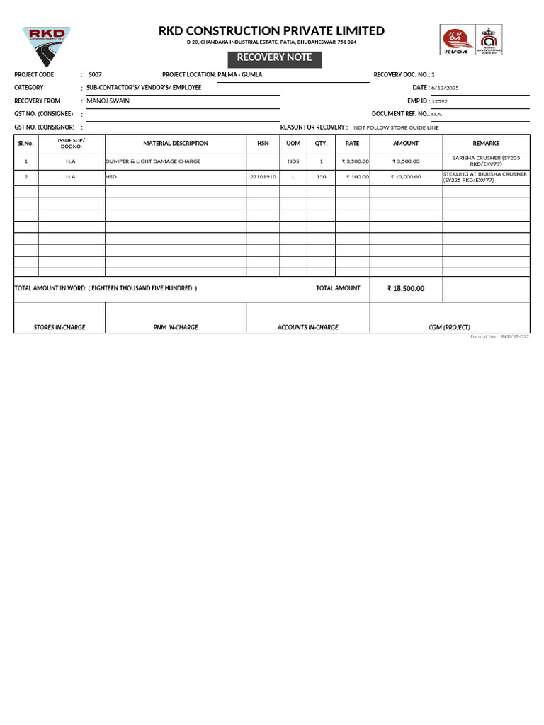 RKD Construction Recovery Notes Summary | PDF | Rupee | Symbols