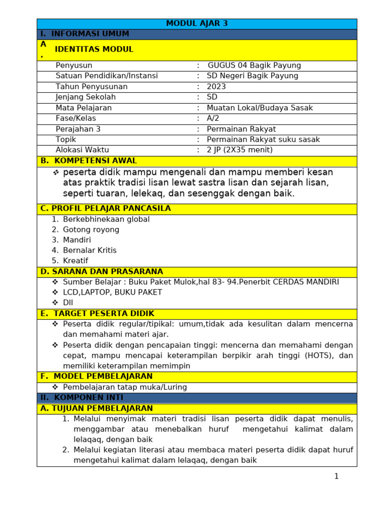 Modul Ajar Permainan Rakyat Sasak SD | PDF