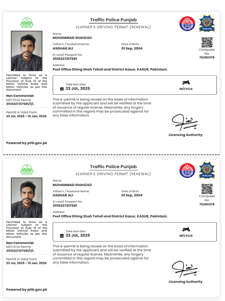Lahore Learner's Driving Permit Details | PDF | Driver's License ...