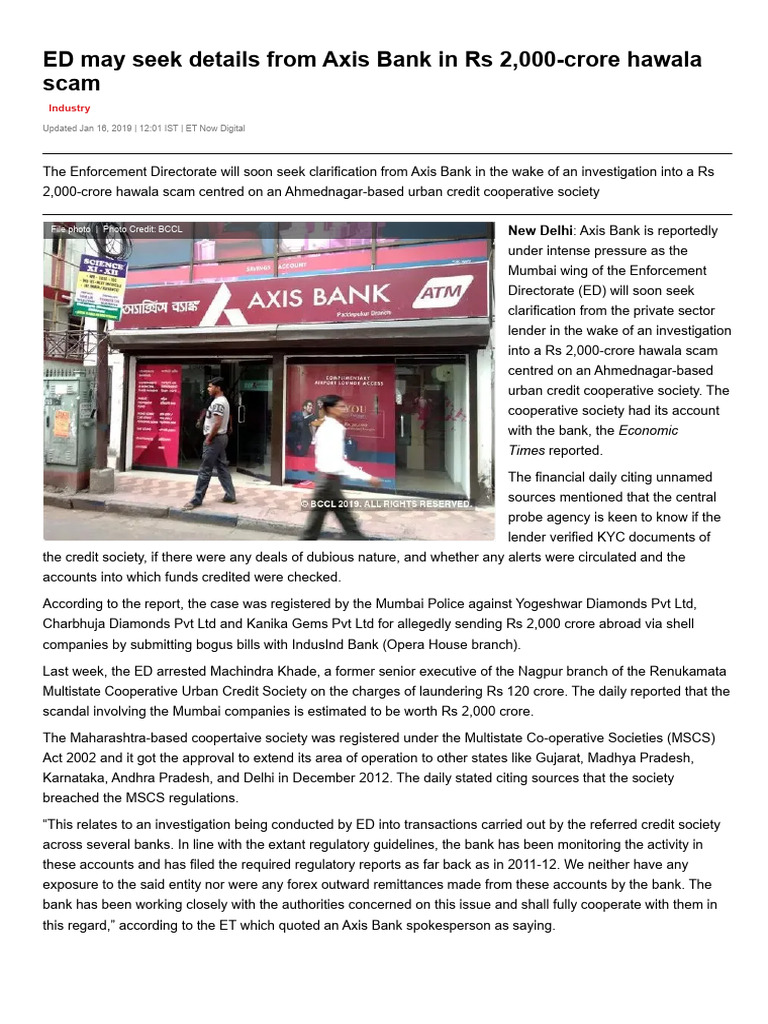 ED May Seek Details From Axis Bank in Rs 2,000-Crore Hawala Scam ...