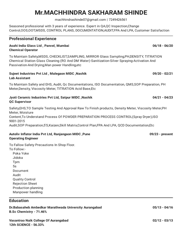 Resume 2025_1749355130299_machhindra Sakharam Shinde | PDF | Business Process | Chemistry