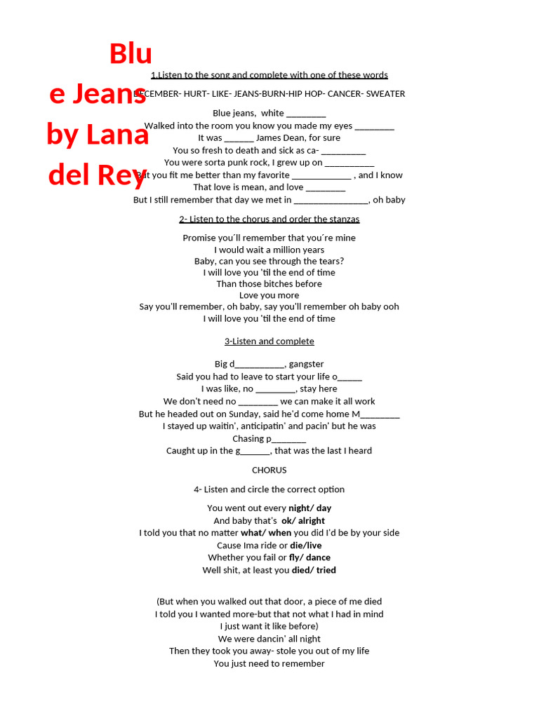Song Blue Jeans by Lana Del Rey Activities With Music Songs Nursery ...