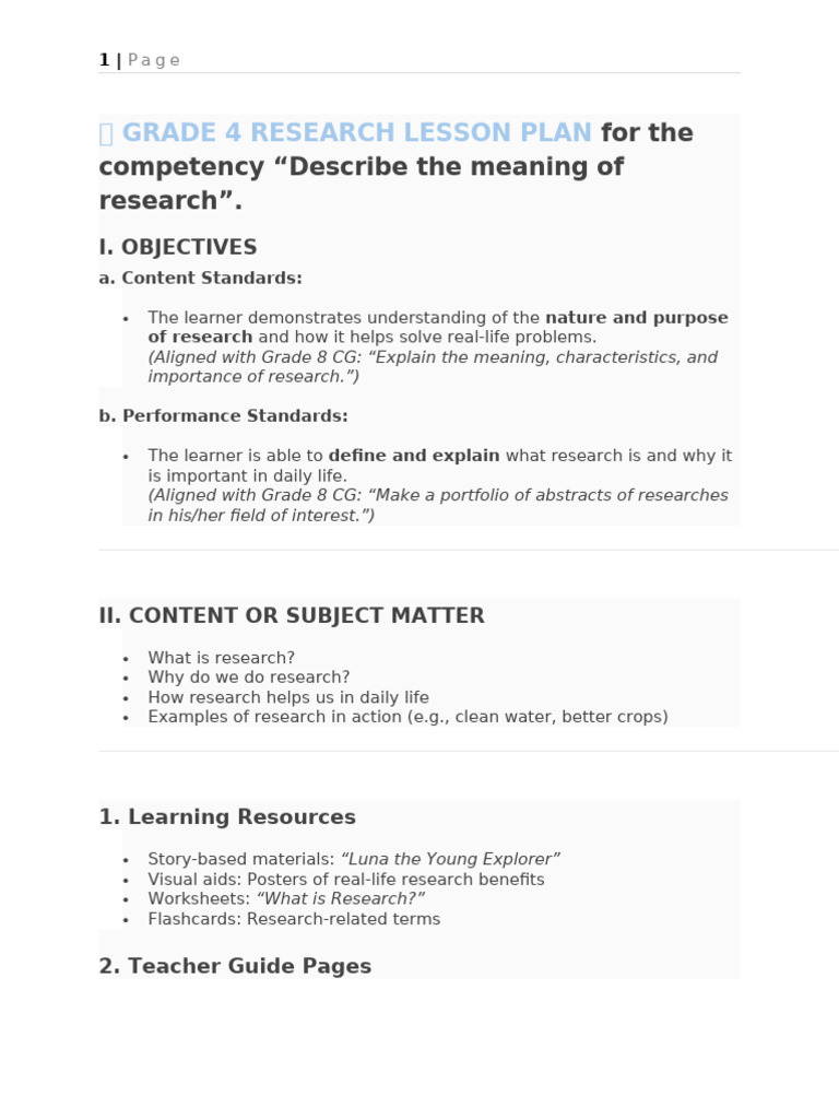 Grade 4 Research Lesson Plan Overview | PDF | Learning | Inquiry Based ...