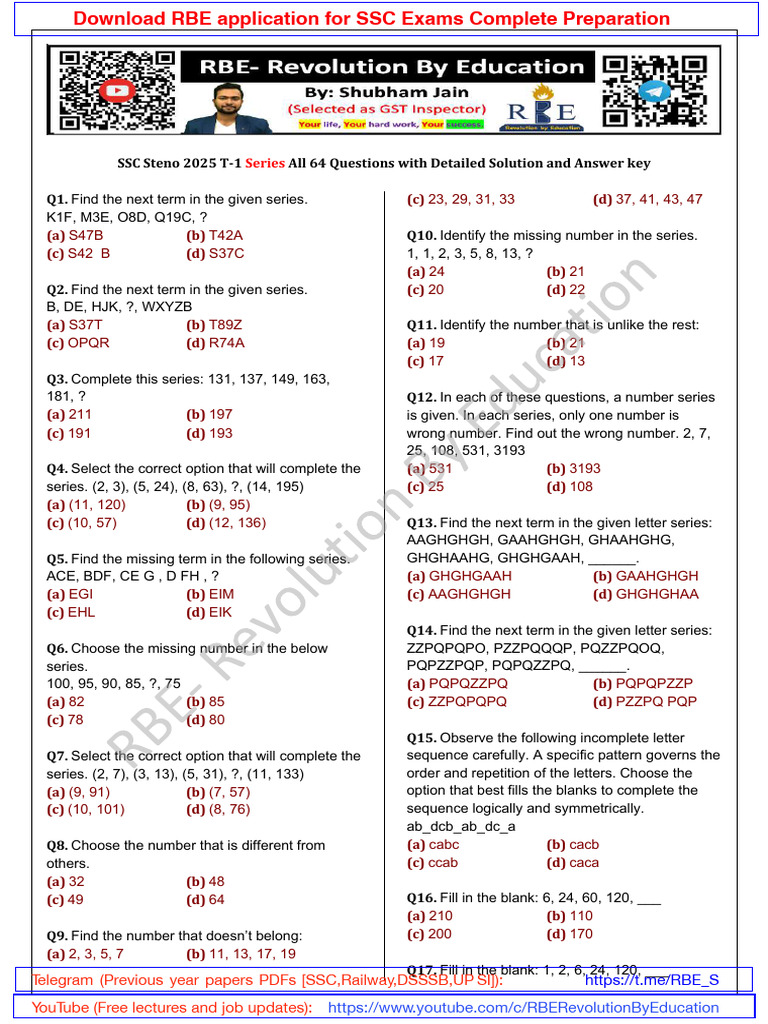 SSC Steno 2025 Reasoning All Series Questions With Detailed Solution ...