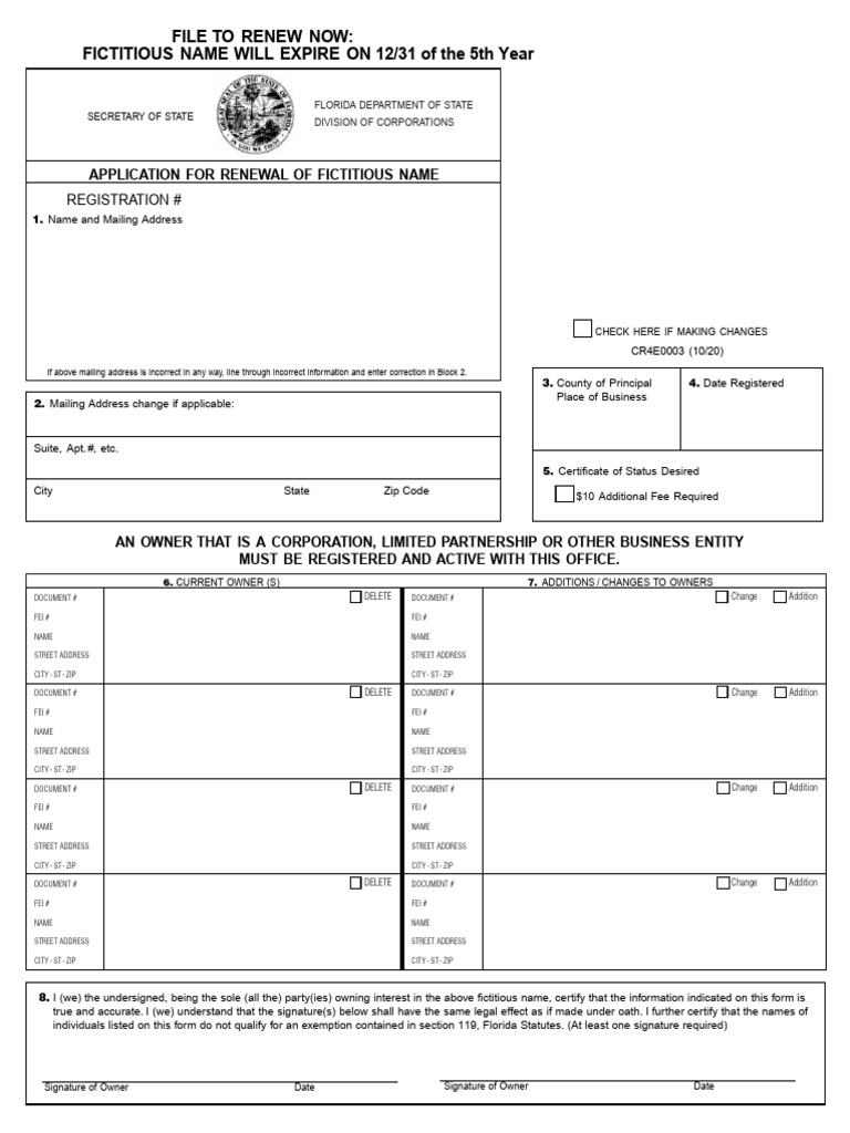 Florida Fictitious Name Renewal Form | PDF | Corporations