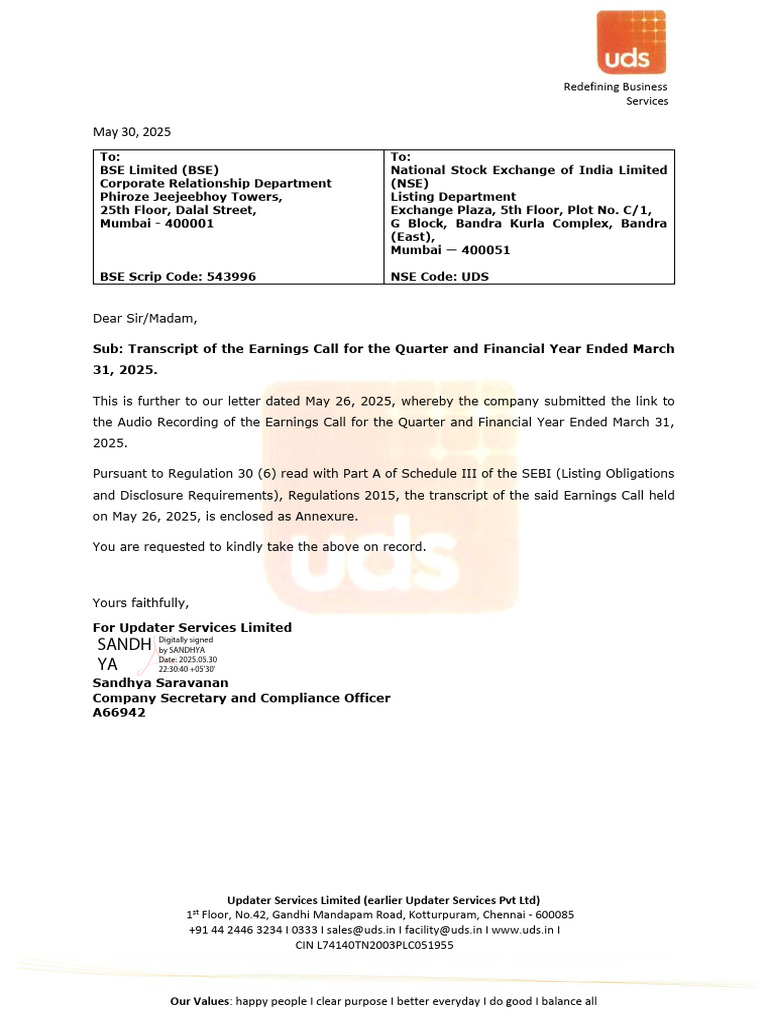 Sandh YA: Sub: Transcript of The Earnings Call For The Quarter and ...