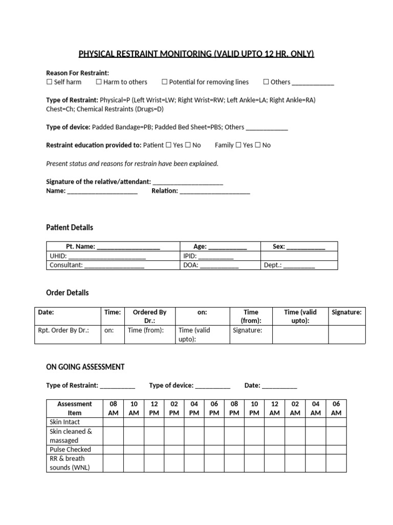 Physical Restraint Monitoring Form | PDF | Medical Specialties ...